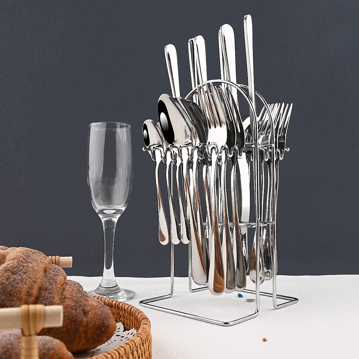 JASHII 24-Piece Hanging Flatware Set & Holder/Stand,Stainless Steel Knives Forks and Spoons Cutlery Set Service for 6, Dishwasher Safe, Nice Family Utensil Gift Set - Shiny Silver