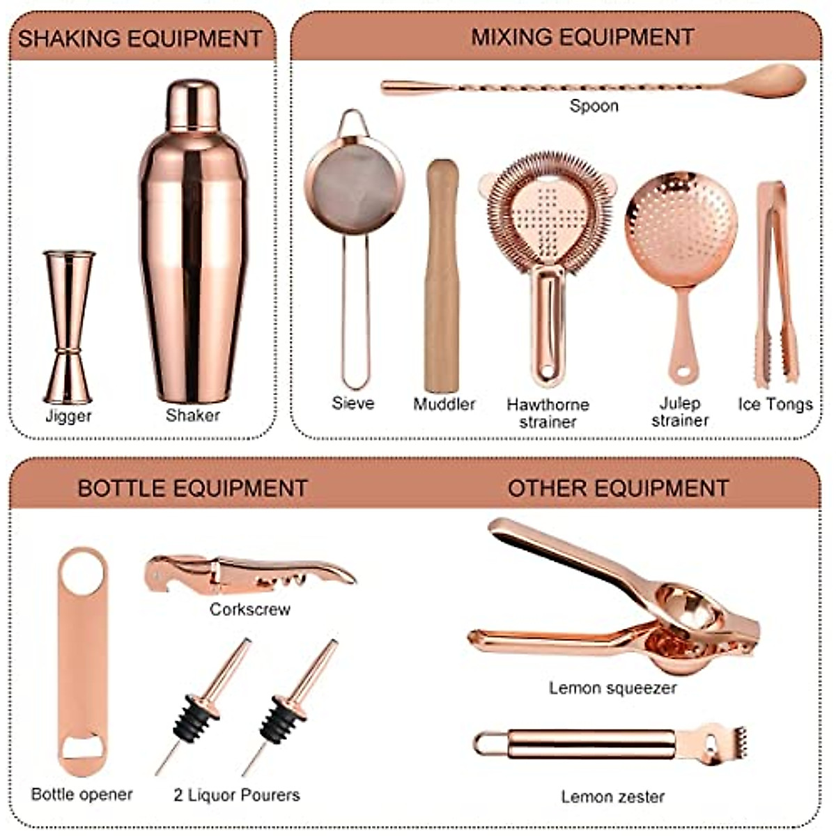 Travel Bartender Kit with Bag | 17-Piece Copper Bar Tool Set & Portable Bar Bag with Shoulder Strap for Easy Carry and Storage | Best Rose Gold Travel Bar Set for Cocktail Making