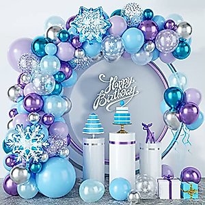 Snowflake Balloon Garland Arch Kit 94Pcs Frozen Birthday Party Decorations Metallic Blue Purple Silver Snowflake Foil Balloon for Winter Wonderland, Christmas, Holiday, Baby Shower, Snow Princess Girl