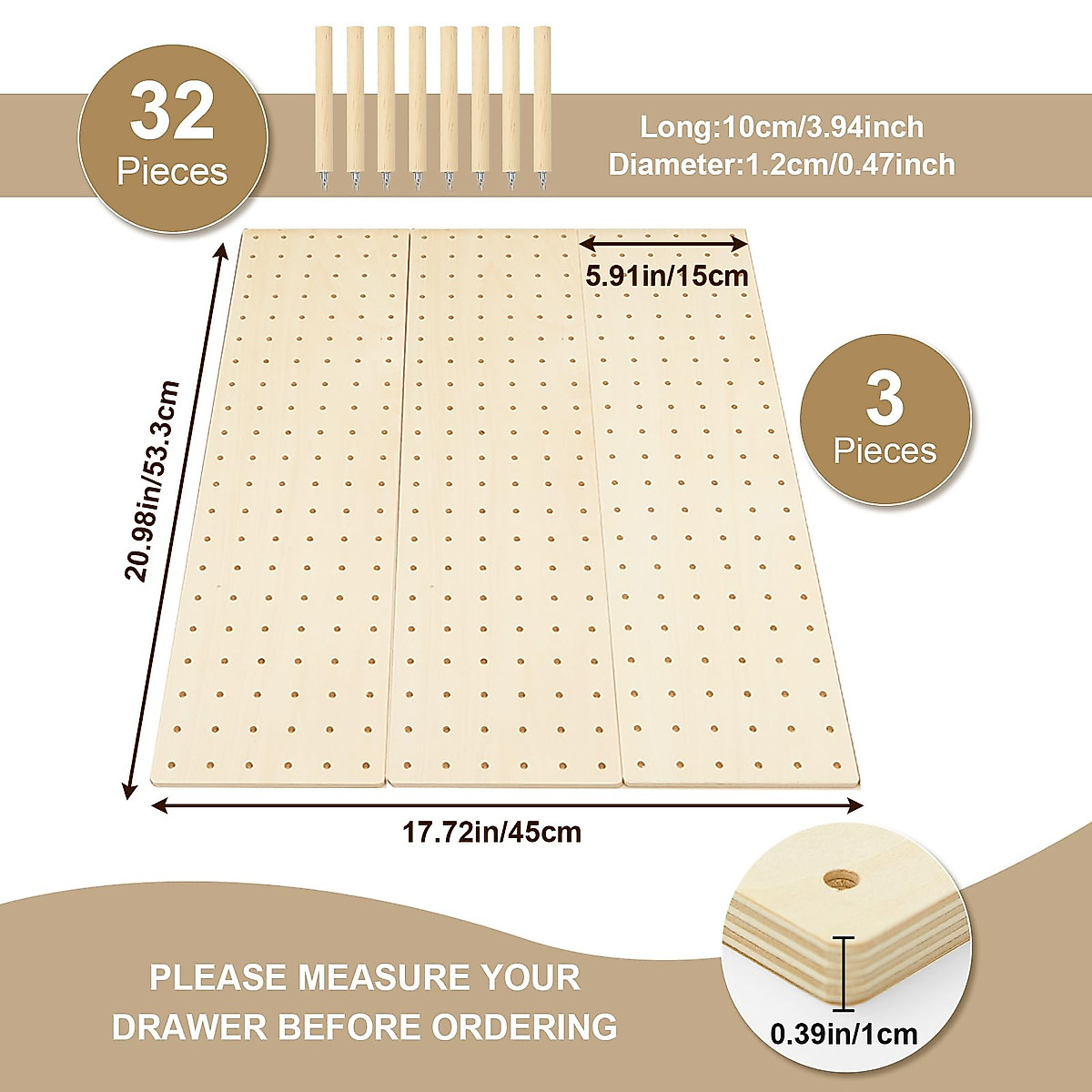 Kigley 3 Pcs Wood Pegboard Drawer Organizer with 32 Pegs Wooden Peg Board Drawer Shelf Organizer Adjustable Peg System for Dishes Plate Pot Container Cookware Utensil Kitchen(20.98 x 5.91 in)
