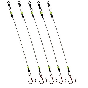 Tooth Shield Tackle Ice Fishing Tip Up Leader/Rig (90 lb) / Ice Fishing Sucker Walleye Pike Musky Predator Rig (5 Pack) [Camo Wire/Chartreuse Bead] (Hook Size: 1)