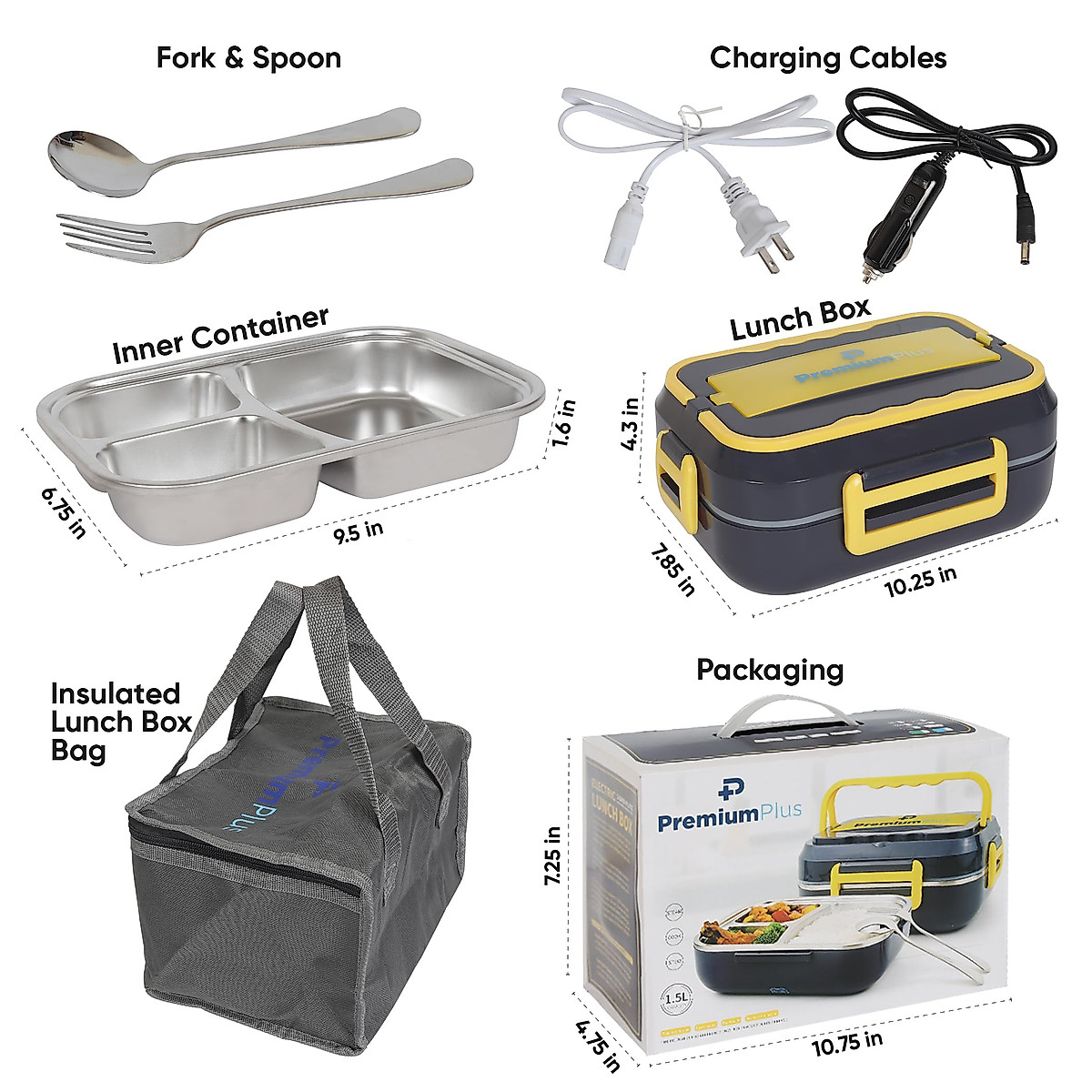 PREMIUMPLUS Electric Lunch Box Food Heater- Portable Food Warmer with Carrying Bag, Fork & Spoon- Lunch Box Warmer Portable for Work Car Truck- 1.5L Crockpot Lunch Warmer- 60W 12V/24V/110V (Purple)