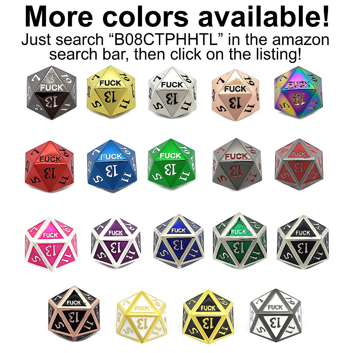 Green Metal D20 F Dice Critical Fail F 20 Sided Die Set DND Silver Chrome Color Number for Role Playing Game Dungeons and Dragons D&D Pathfinder Shadowrun and Math Teaching