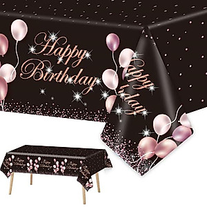 3 Pieces Black Rose Gold Birthday Tableclothes Rose Gold and Black Birthday Party Table Covers for Girls Women Plastic Pink Rose Gold Tablecloth for Birthday Party Decorations Supplies 54X108inch