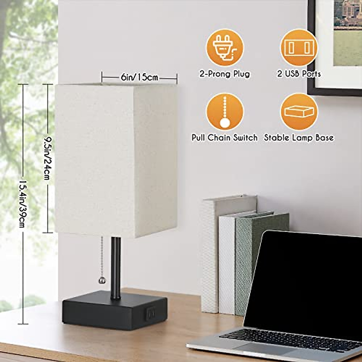 BesLowe Bedside Lamps with USB Charging Ports, Table Lamps Set of 2, Nightstand Lamps, Minimalist Modern with Pull Chain Switch and Beige Fabric Shade for Bedroom Living Room Home Office Kid’s Room