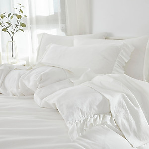 Brandream Duvet Cover Set Full/Queen Size 100% Washed Cotton Linen Feel Super Soft Comfortable Chic Lightweight 3 PCs Home Ruffled Fringe Minimalist Bedding Set Solid White
