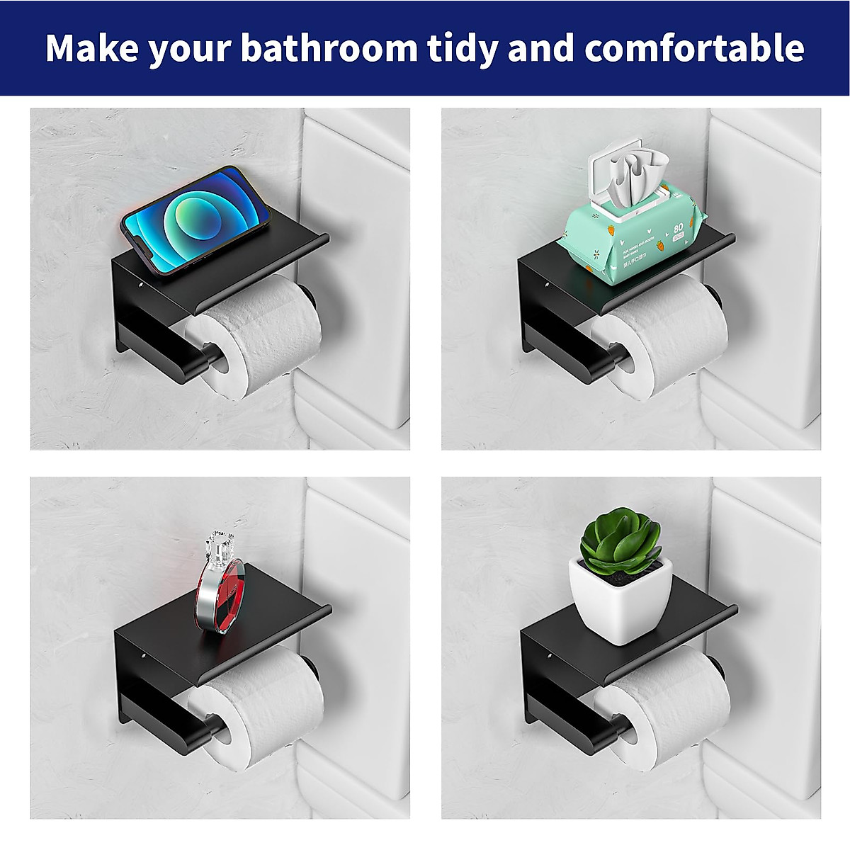 GLNLQ Toilet Paper Holder Wall Mount, Fits Mega Rolls Size Matte Black Toilet Paper Holder with Shelf, Rustproof Stainless Steel Self Adhesive Toilet Paper Holder, Black Bathroom Toilet Paper Holder