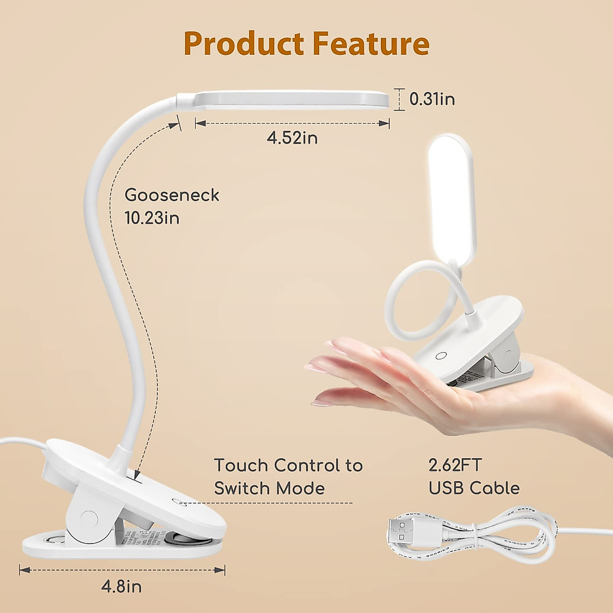 Aigostar Rechargeable Clip on Book Reading Light, Brightness Desk Lamp Touch LED Table Light with 3 Levels Dimmable,Built-in USB Cable,Long Lasting Portable Bed Bedside Clamp Light White