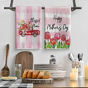 Artoid Mode Watercolor Stripes Buffalo Plaid Tulip Blessed Mama Happy Mother's Day Home Kitchen Towels, 18 x 26 Inch Ultra Absorbent Coffee Tea Bar Hand Towels Gift for Cooking Baking Set of 2