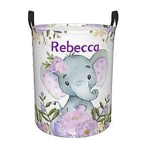 Purple Floral Elephant Personalized Laundry Hamper Custom with Name Collapsible Waterproof Storage Basket with Handles for Bedroom Clothes Toys.
