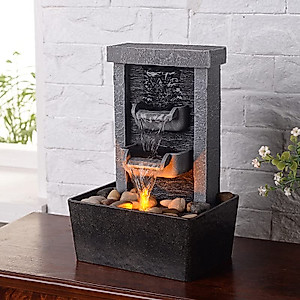 GOSSI Home Décor 10.3 in Indoor Waterfall Fountain Relaxation High Pressure Water Pumps Tabletop Fountain Nature Feeling Water Fountains with Reflective Lighting/River Rocks Home/Office Decoration