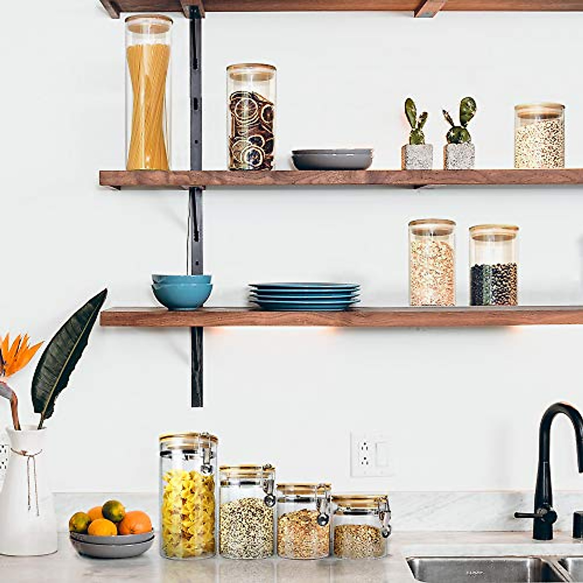 Glass Storage Jars with Airtight Locking Clamp Lids, Airtight Glass Canisters with Locking Lids, Glass Storage Containers with Bamboo Lid, Food Storage Containers, Glass Canister Sets, Set of 4