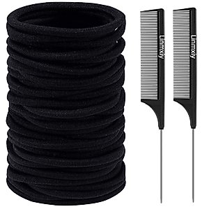 Black Hair Ties for Women-4mm-60 Count, Natural Rubber Elastic Hair Bands No Damage, 2 Metal Stainless Steel Pin Rat Tail Combs, ponytail holders for Women's, Men And Girls for Medium to Thick Hair.