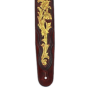 Walker And Williams LHR-37 Handmade Blood Red Premium Carving Leather Guitar Strap With Bright Gold Western Sheridan Carving Pattern And Padded Leather Back For Acoustic, Electric, And Bass Guitars