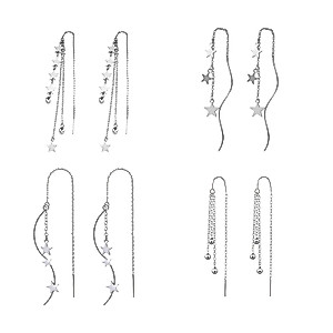 4 Pcs Star Chain Tassel Threader Earrings for Women Silver Lightweight Star Beaded Curved Ear Line Wave Dangle Drop Earrings Minimalist Charm Long Threader Earrings Set (Silver-4 Pcs)