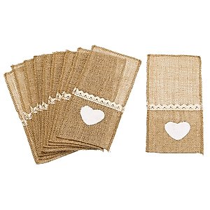 uxcell Burlap Lace Utensil Holders, 20Pcs Knife Forks Napkin Silverware Holder Bag Cutlery Pouch for Wedding Dinner Decor