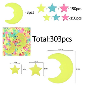 DTLIFEK 300PCS Glow in The Dark Stars Wall Decals Luminous Moon Stickers for Ceiling 3D Fluorescent Plastic Self Adhesive Starry Sky Glowing Stars and Moon Wall Art Decor for Kids Baby Bedroom Room