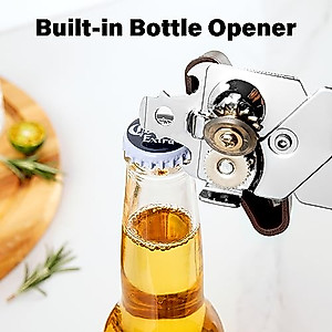 Can Opener Manual, TJ POP Can Opener, Heavy Duty Hand Held Can Openers, Stainless Steel Can Opener Smooth Edge, Easy Turn Knob, with Bottle Opener, Kitchen Gadgets Brown