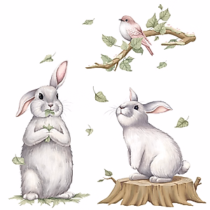 NOA 2 Cute Rabbit Wall Stickers with Bird On The Branches Decals, Removable Cartoon Animal Bunny 3D Vinyl Wallpaper Decor, DIY Art Mural for Nursery Baby Bedroom Living Room