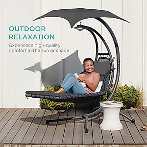 Best Choice Products Outdoor Hanging Curved Steel Chaise Lounge Chair Swing w/Built-in Pillow and Removable Canopy - Charcoal Gray