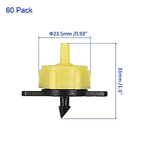 M METERXITY 60 Pack Irrigation Drip Emitters - Garden Lawn Pressure Compensating Dripper Constant Flow Apply to Watering System (33x23.5mm Yellow, Black)