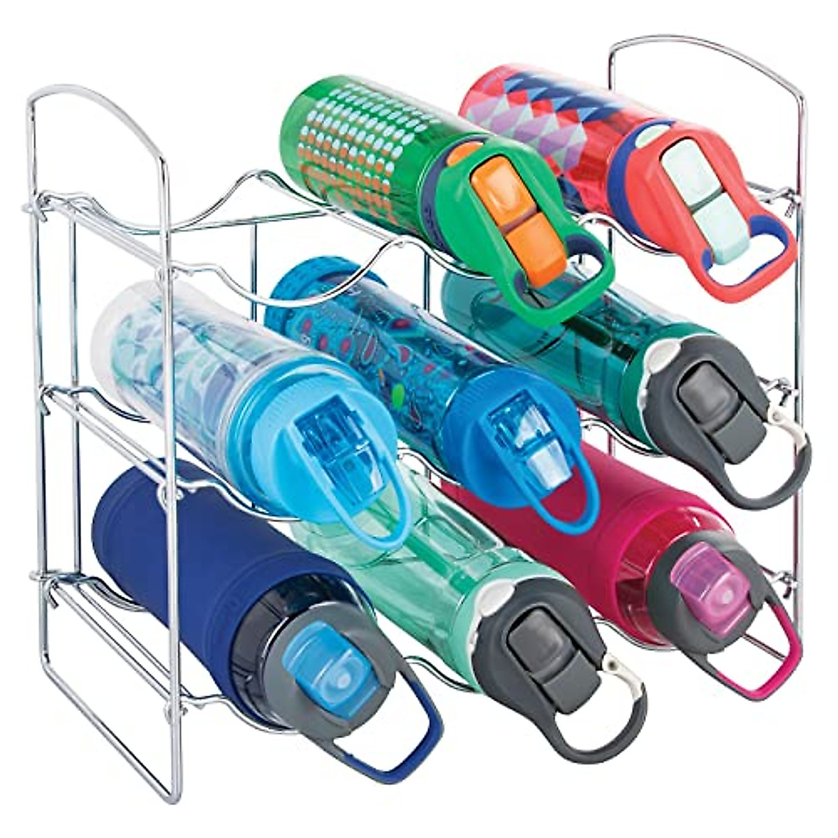 mDesign Metal Wire Free-Standing Water Bottle Rack - Storage Organizer for Kitchen Countertops, Pantry, Fridge - 3 Levels, Holds 9 Bottles - Chrome