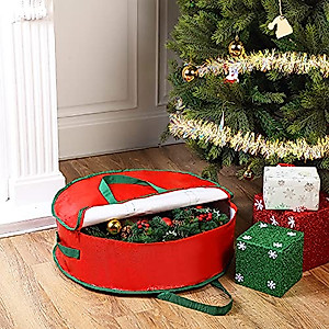 Shappy 4 Pieces Wreath Storage Container Bag Round Garland Holiday Container Zippered Xmas Artificial Wreath Container with Handle for Christmas Tree (Red,30 x 7 Inches)