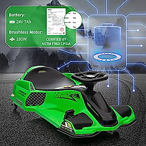 24V Kids Ride on Drift Car for Kids, Electric Drifting Go-Kart Up to 7.5 mph Variable Speed, Built-in Music,Colorful LED Light,USB,Low-Power Alarm,Green