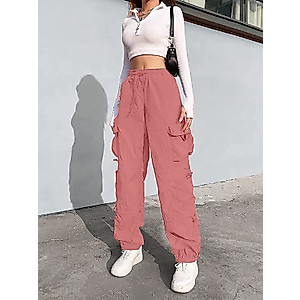 QYANGG Baggy Parachute Pants for Women& Girls Drawstring Elastic Low Waist Ruched Cargo Pants Multiple Pockets Jogger Y2K Pink