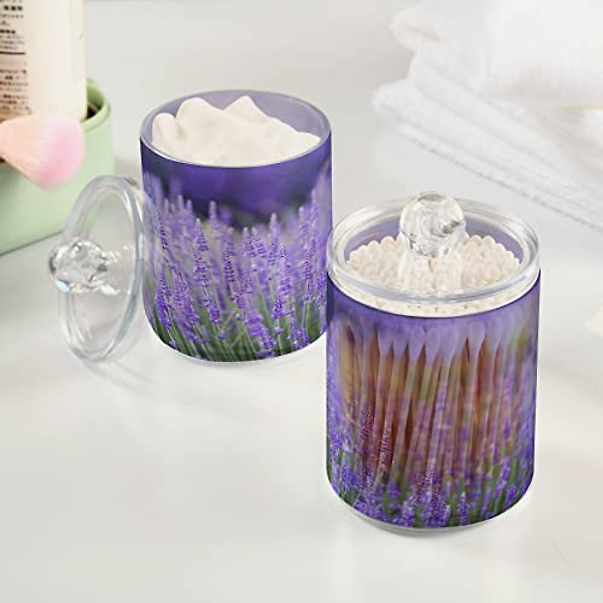 Kigai 2 Pack Purple Lavenders Qtip Holder Dispenser for Cotton Ball, Cotton Swab, Cotton Round Pads, Floss -Clear Plastic Apothecary Jar Set for Bathroom Canister Storage Organization