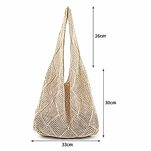 Stizimn Crochet Tote Bag for Women Shoulder Bag Handbags Knitting Hollow Hobo Bag Aesthetic Handmade Weaving Large Capacity (Diamond-shaped Hollow Beige)