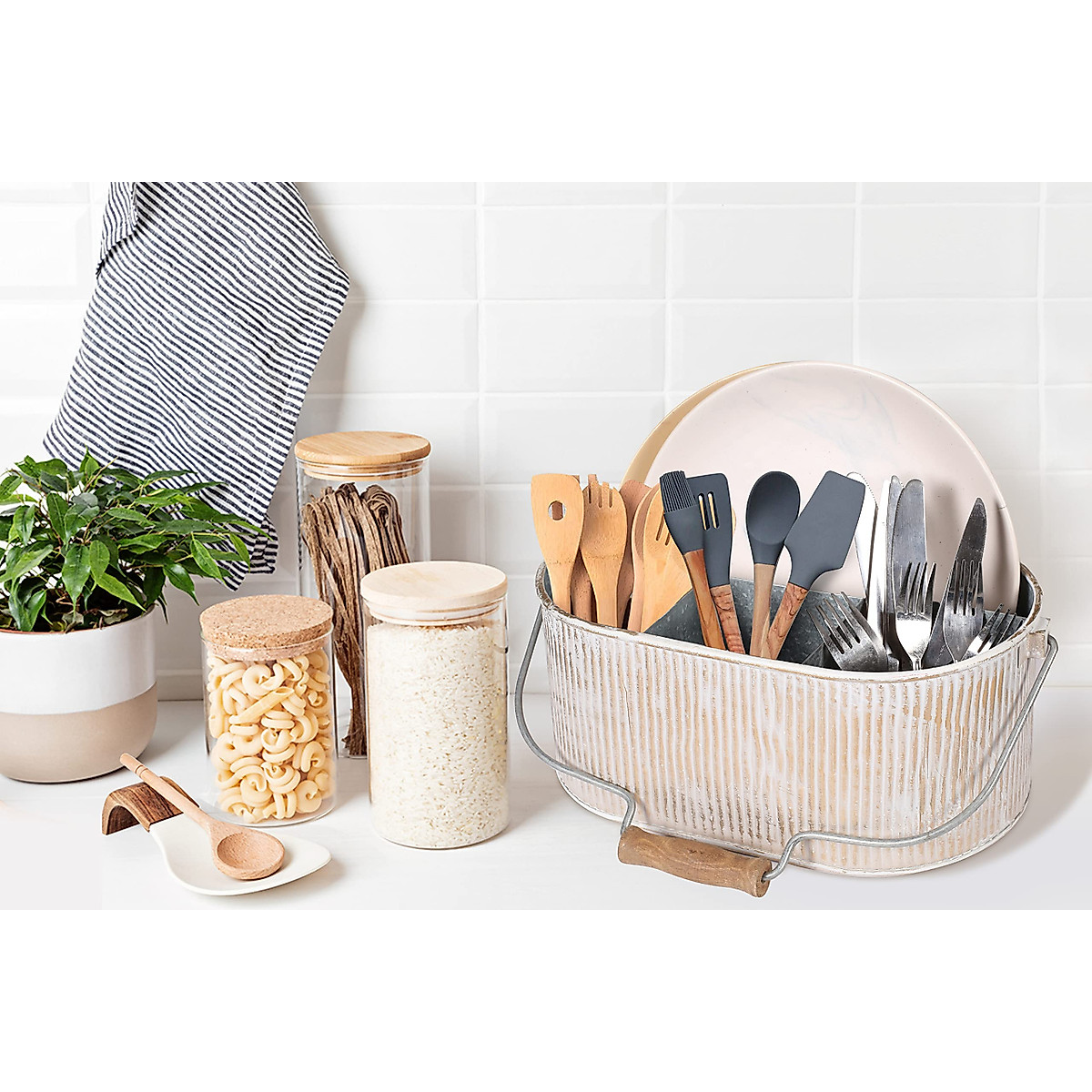 Galvanized Metal Caddy with 4 Compartments, Kitchen Utensil Holder, Metal Caddy, Picnic Caddy, Rustic Farmhouse Galvanized, Multipurpose Storage Bin, Metal Garden Planters- Hammered - Antique Grey