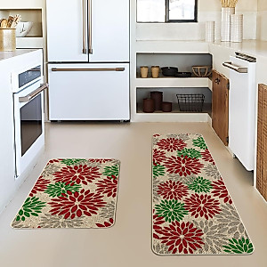 Artoid Mode Red Green Dahlia Floral Boho Christmas Kitchen Mats Set of 2, Winter Home Decor Low-Profile Kitchen Rugs for Floor - 17x29 and 17x47 Inch