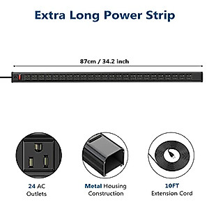 BTU Long Heavy Duty Power Strip 24 Outlet Large Metal Power Strip Garage Workshop Commercial Industrial Power Strip with Circuit Breaker.10FT Cord 15A 125V 1875W (Black)