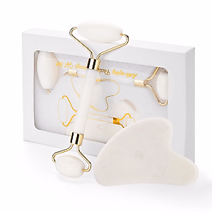 Gua Sha Facial Tools & Jade Roller for Face, Eye & Neck Skin Care, 100% Natural Jade Stone Face Roller Gua Sha Massage Tool, Eye Roller for Puffy Eyes, Facial Self Care Kit for Women (White)