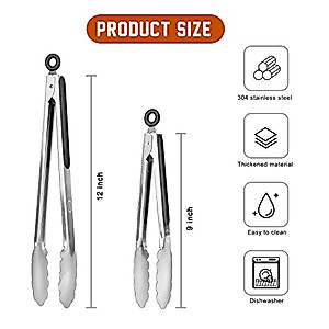 TACGEA Stainless Steel Kitchen Tongs, Silicone Non-slip Grip, Locking Grilling Food Tongs Set of 2, 9-inch & 12-inch