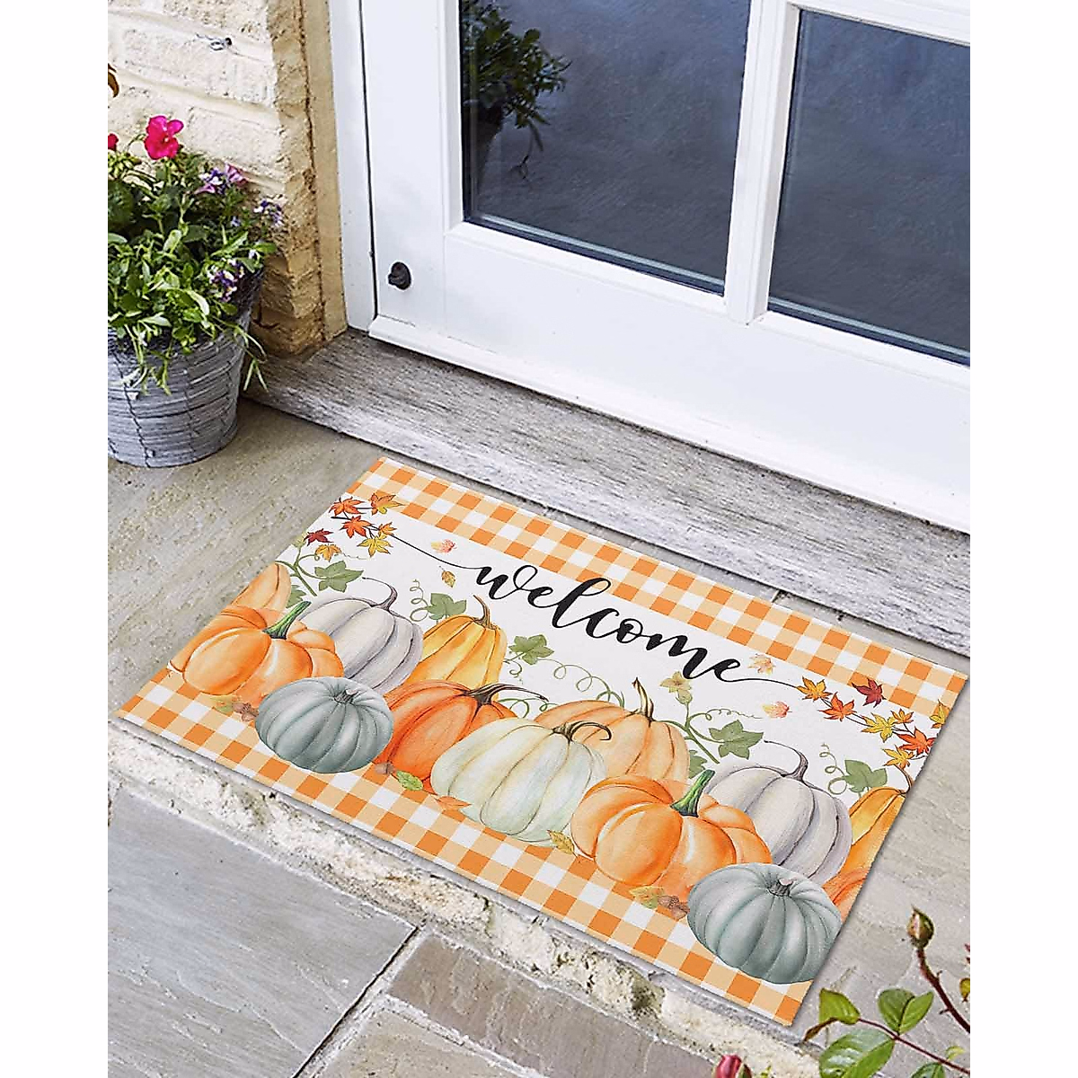 Thanksgiving Front Door Mat Outside Entrance, Harvest Pumpkin Maple Leaf Outdoor Indoor Door Mats for Entryway, Low Profile White and Orange Buffalo Plaid Funny Welcome Mat Entry Doormats 24x36 in