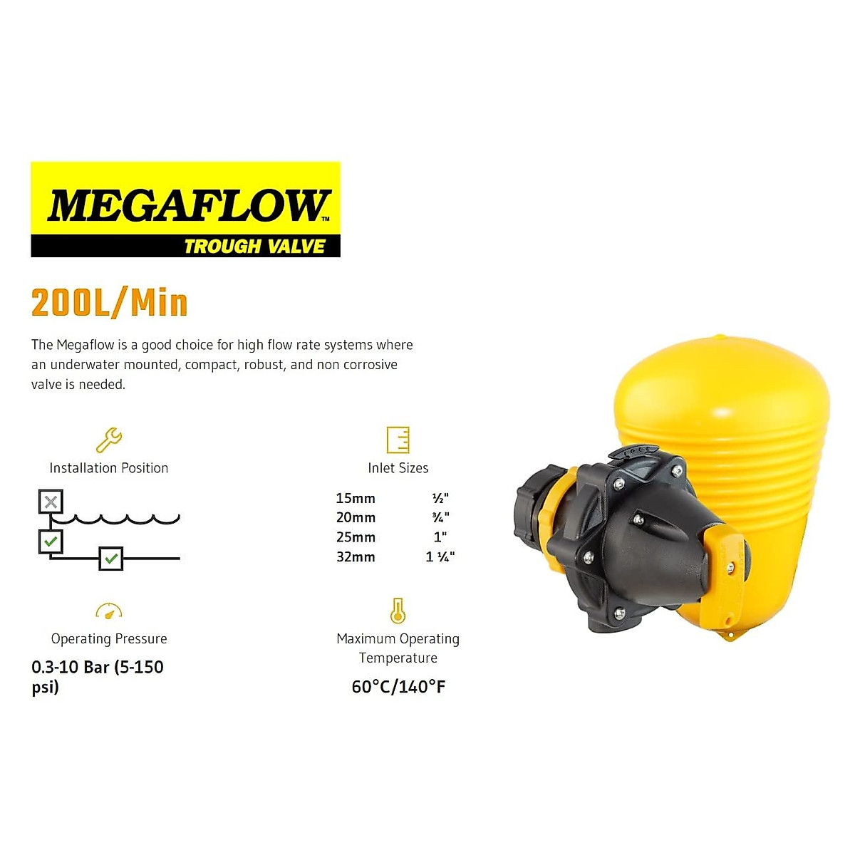 Jobe Valves J-MFV0100DLT Megaflow Trough Valve, 200L/Min, 150PSI, 1" NPT Inlet, Detach Long Tail