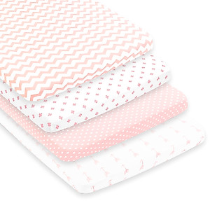 Baebae Pack n Play Playard Sheet Set for GIRLS | Portable Mini Crib Fitted Sheets | PINK & WHITE | 100% Jersey Knit Cotton | 150 GSM | 3 Pack