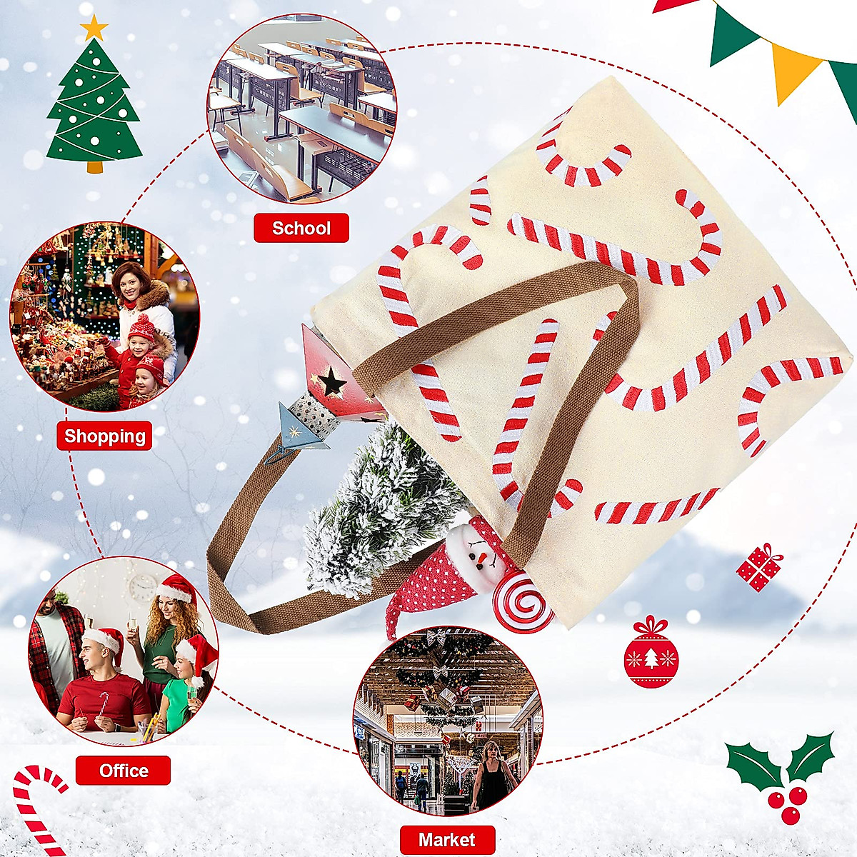 Frienda Christmas Canvas Tote Bag Reusable Shopping Bag Large Xmas Multipurpose Grocery Bag Casual Canvas Shoulder Handbag with Handles for Outdoor Supermarket Shopping Christmas Party Favor Supplies