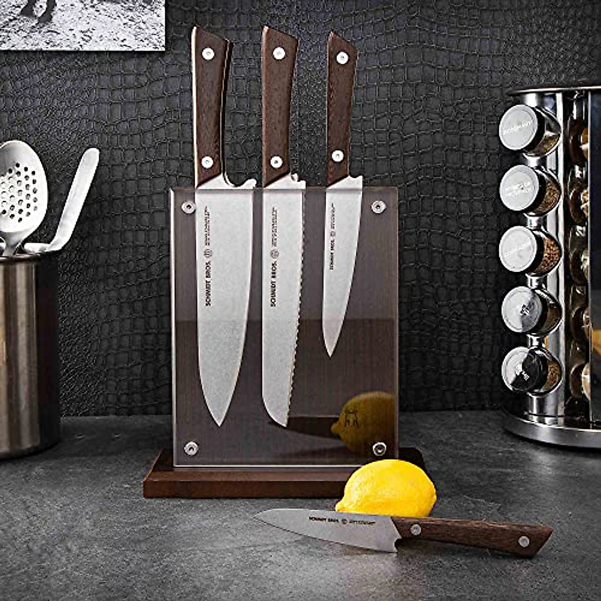 Schmidt Brothers - Cutlery Stone Series 7-Piece Kitchen Knife Set, High-Carbon German Stainless Steel Cutlery, Stone-washed Wood Handles and Clear Acrylic Magnetic Knife Block