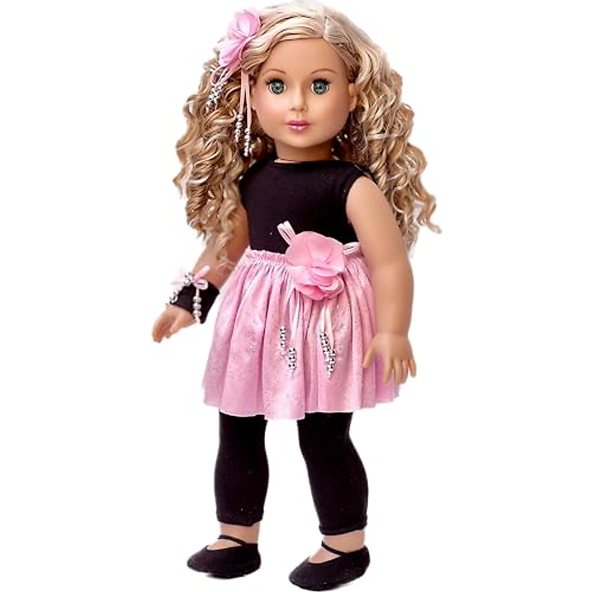 - Showtime - 5 Piece Outfit - Black Unitard, Pink Tutu Skirt, Ballet Slippers, Corsage, Hairpiece - Clothes Fits 18 Inch Doll (Doll Not Included)