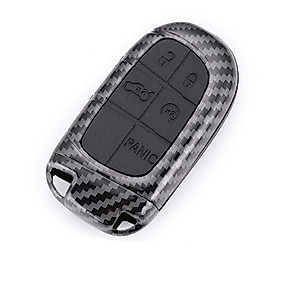 WFMJ Black Carbon Fiber + Silicone Button Smart Remote 5 Buttons Key Fob Cover Case Shell Fob for Jeep Grand Cherokee Dodge Challenger Charger Dart Durango Journey Chrysler 300