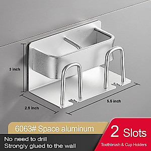 Toothbrush Holder Wall Mounted, Bathroom Accessories Organizer, No Drilling for Wall, Space Aluminum Material Silver (2 Slots)