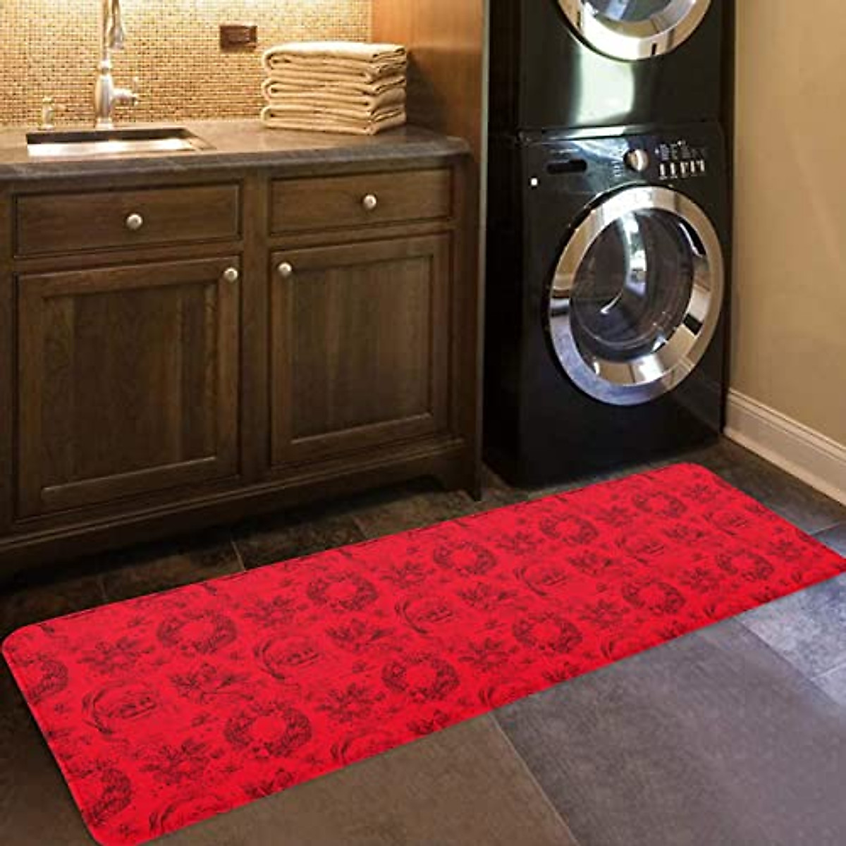 Libaoge Kitchen Mat Rug 1 PCS Christmas Santa Claus Poinsettia Flowers Wreath Red Runner Rug Anti-Fatigue Comfort Memory Foam Standing Mat Non-Slip Floor Door Mat for Bathroom Bedroom 18x47in