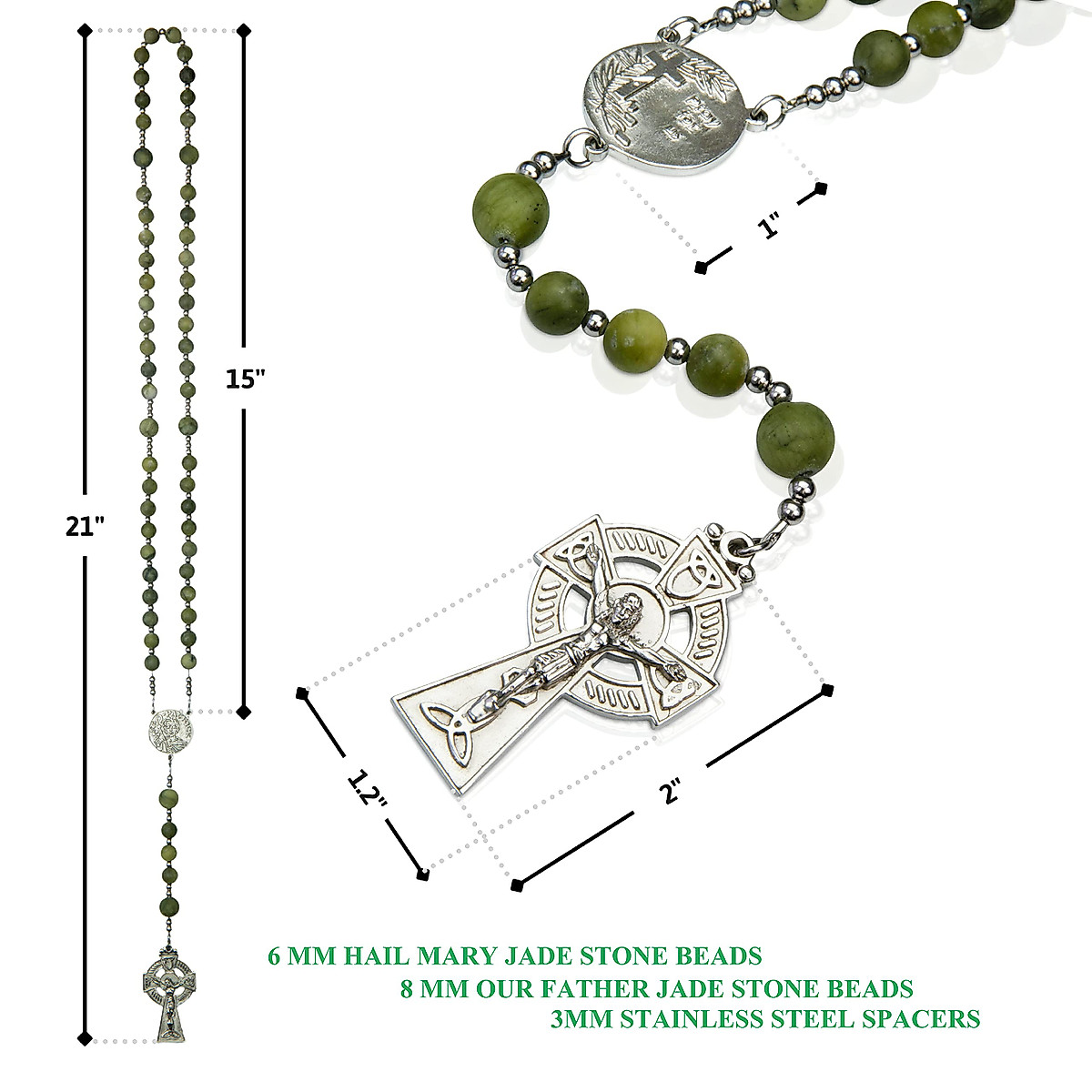St Patrick Green Jade Rosary, Irish Rosary with Stainless Steel Celtic Cross and Medal