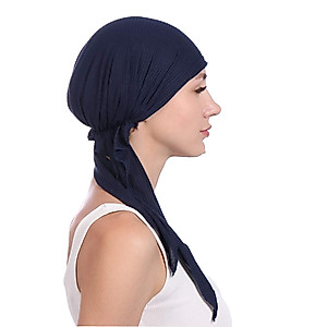 Pre Tied Head Scarves 3 Packed Slip On Beanies Chemo Covers Cap for Women (D2-Long Strap-3 Packed)