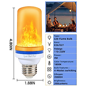 LeiNetfor Led Flame Effect Light Bulb, 4 Modes Flickering Light Bulbs Halloween Decorations,E27 Base Outdoor Led Fire Light Bulbs with Gravity Sensor for Christmas,4W Flame Light Bulbs (Yellow-4Pack)