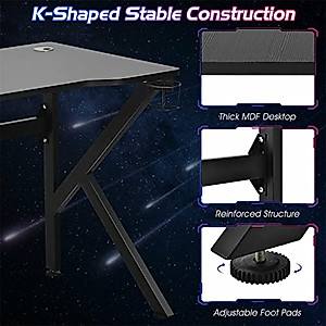 MJWDP 48" K Shape Gaming Desk Computer Desk with Cup Holder and Headphone Hook Home Office Writing Study Desk