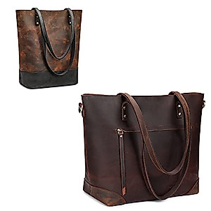 S-ZONE Vintage Genuine Leather Shoulder Bag Work Totes for Women Purse Handbag with Back Zipper Pocket Large